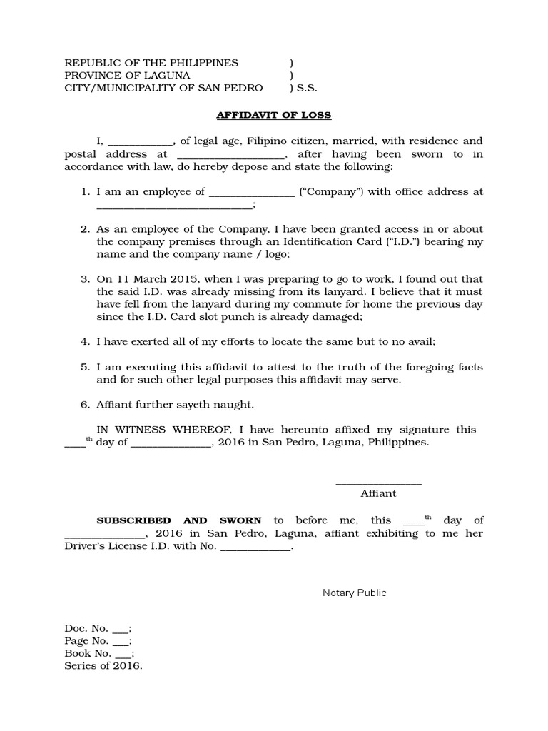 Affidavit of Loss (Company ID) Template | Affidavit | Identity Document