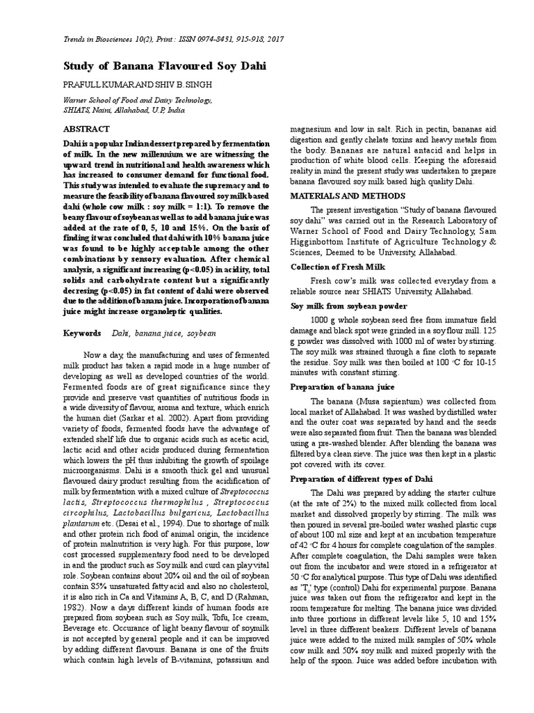 Study of Banana Flavoured Soy Dahi | PDF | Soybean | Milk