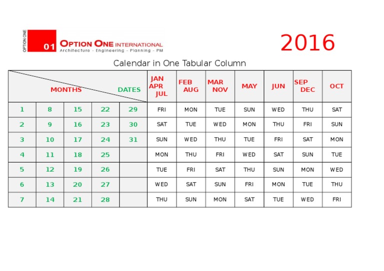 Calendar in One Tabular Column: MAY JUN OCT Months JAN APR JUL FEB AUG ...