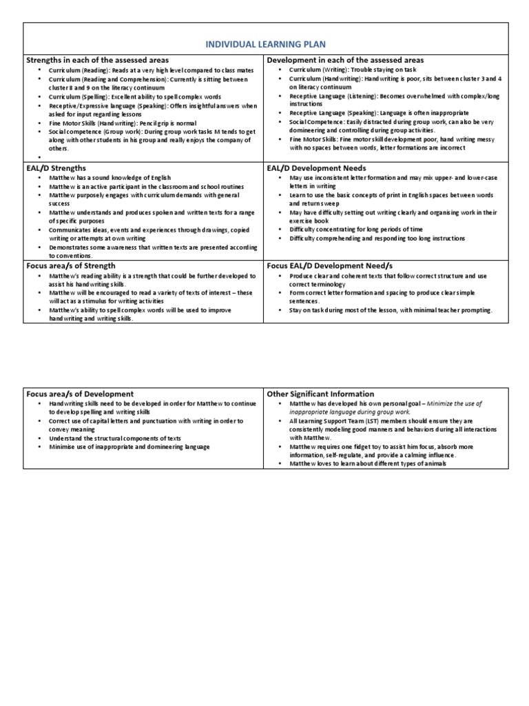 Individual Learning Plan Ilp | PDF | English As A Second Or Foreign ...