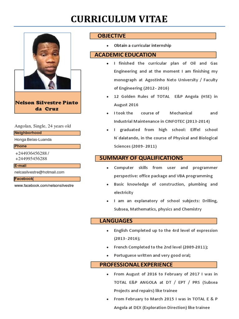 Nelson Silvestre CV | PDF | Angola | Curriculum