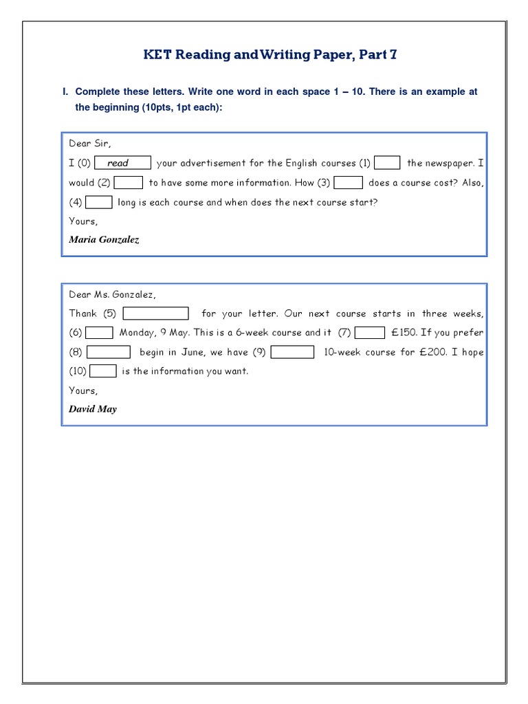 KET Reading and Writing Paper Part 7 PDF | PDF