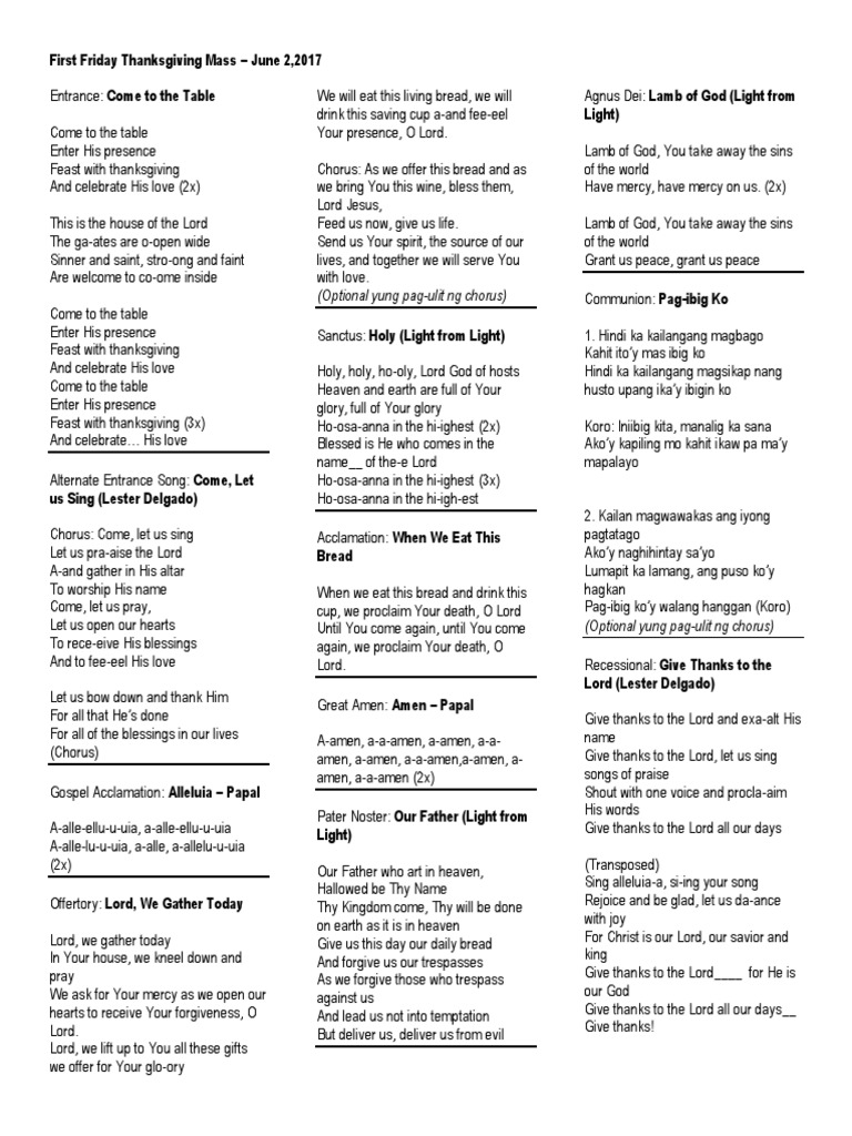 First Friday Thanksgiving Mass - 052517 Pls Print | PDF | Lamb Of God ...