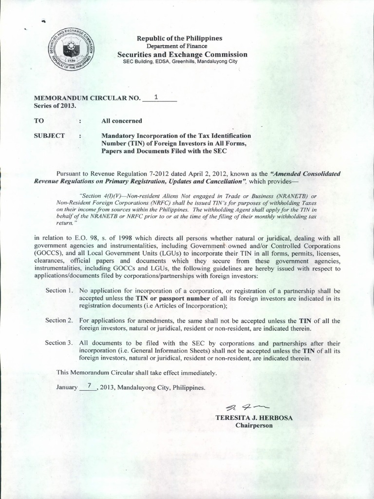 SEC Memo 01-2013 Foreigners TIN | Download Free PDF | U.S. Securities ...
