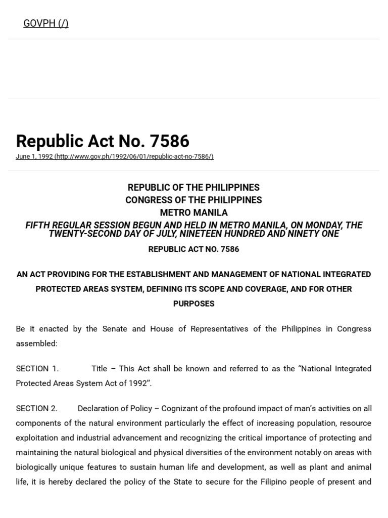 Nipas Act Ra 7586 | PDF | Protected Area | Environmental Impact Assessment