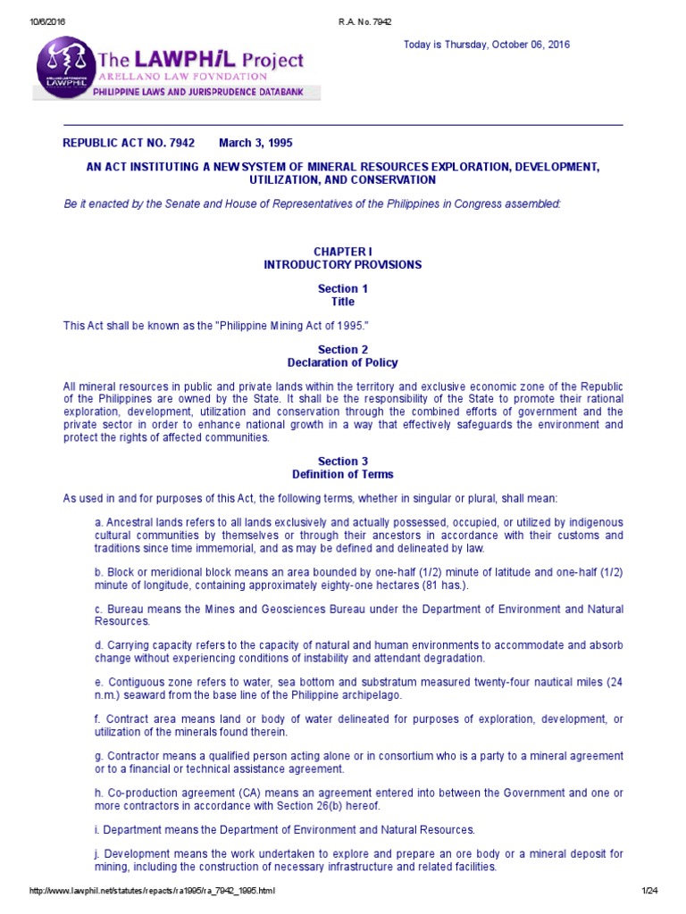RA 7942 Philippine Mining Act | Mining | Rock (Geology)