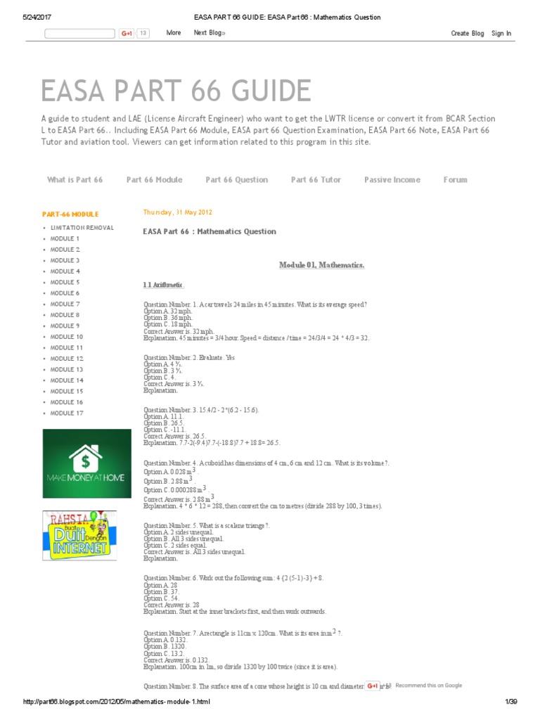 EASA PART 66 GUIDE - EASA Part 66 - Mathematics Question | PDF | Area | Pi