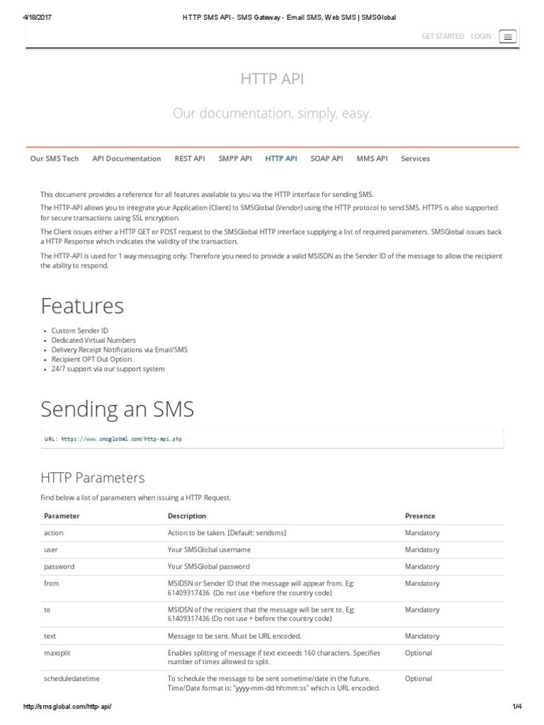 HTTP Sms API - Sms Gateway - Email SMS, Web Sms - Smsglobal | PDF | Short Message Service ...