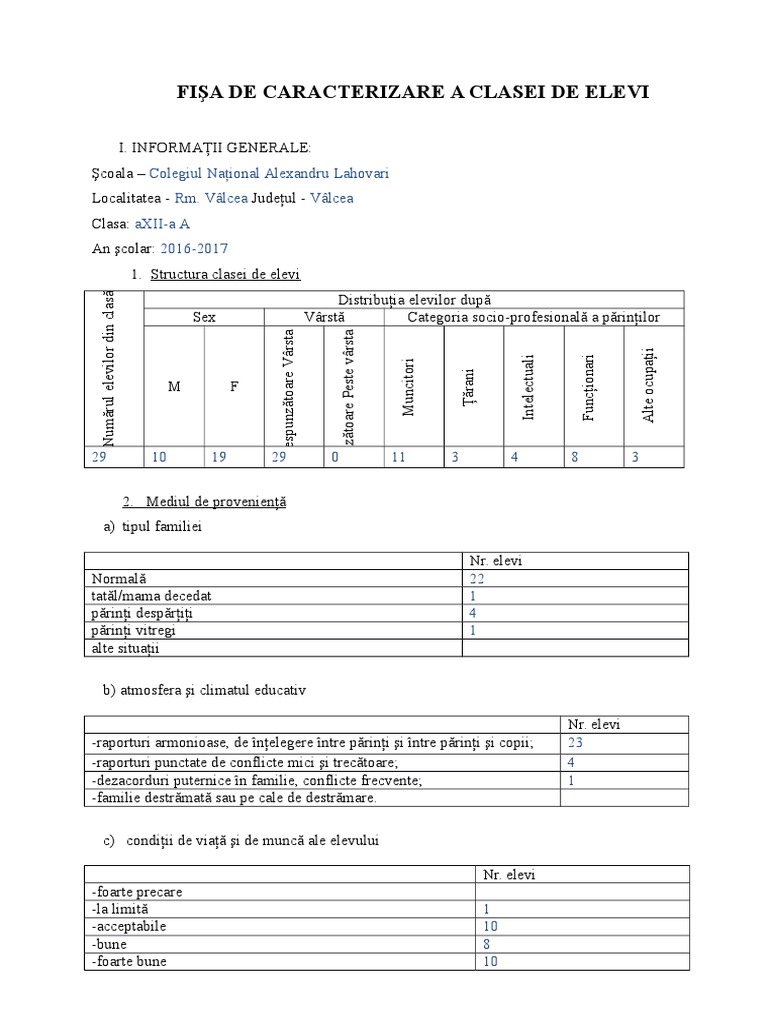 Fişa de Caracterizare A Clasei de Elevi | PDF