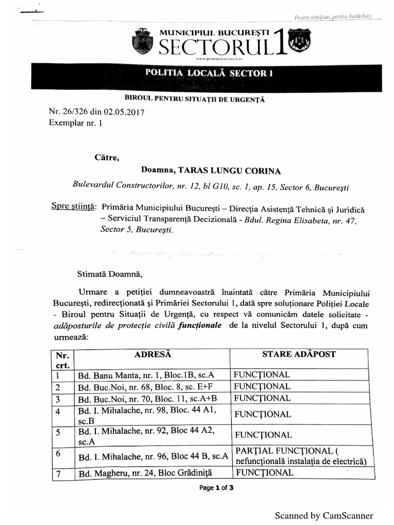 Lista Adaposturi de Protectie Civila Sector 1 Bucuresti | PDF