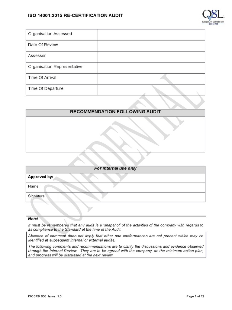 ISO 14001 2015 Re Certification Audit Template | PDF | Environmental ...