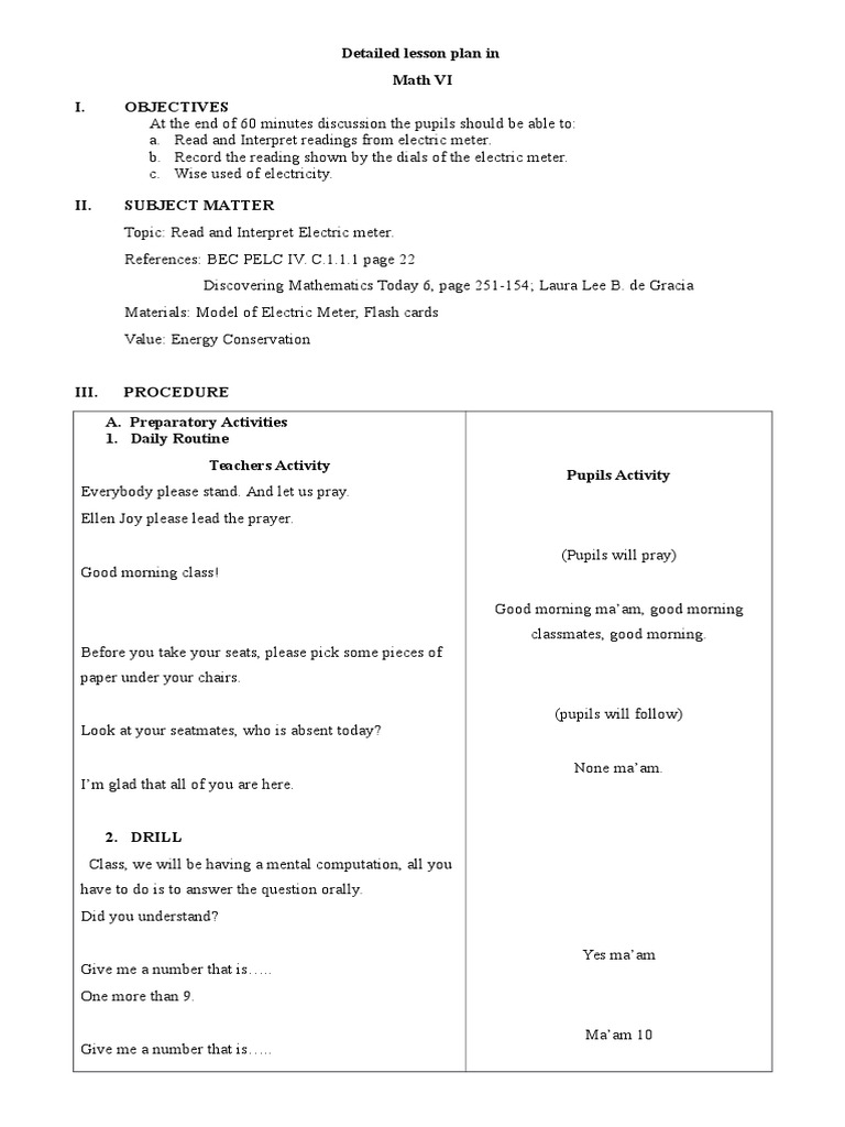 Detailed Lesson Plan Inmath 6 FINAL New | PDF | Kilowatt Hour | Lesson Plan