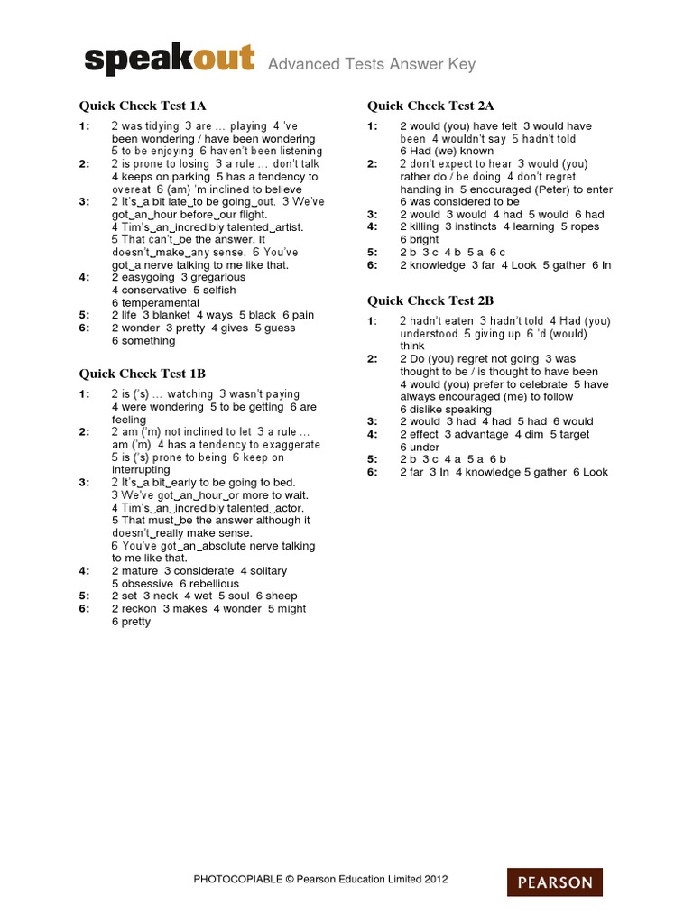 Advanced Tests Answer Key: Quick Check Test 1A Quick Check Test 2A