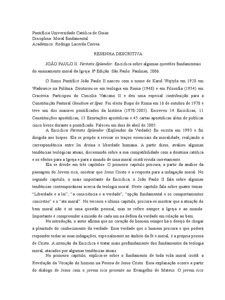 Resenha Veritatis Splendor | PDF | Papa João Paulo II | Liberdade