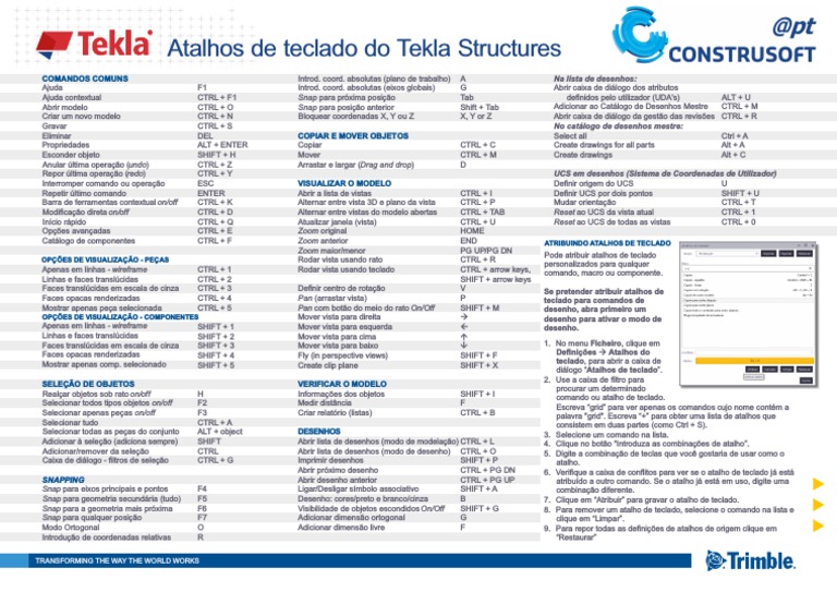 2016 Tekla Structures KB Shortcuts Flyer Web PT | PDF | Janela (informática) | Teclado de computador