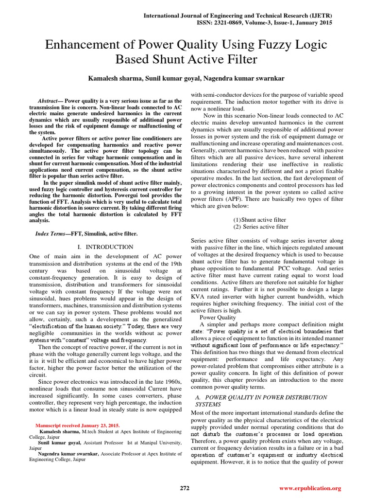 Enhancement of Power Quality Using Fuzzy Logic Based Shunt Active Filter | PDF | Power Inverter ...