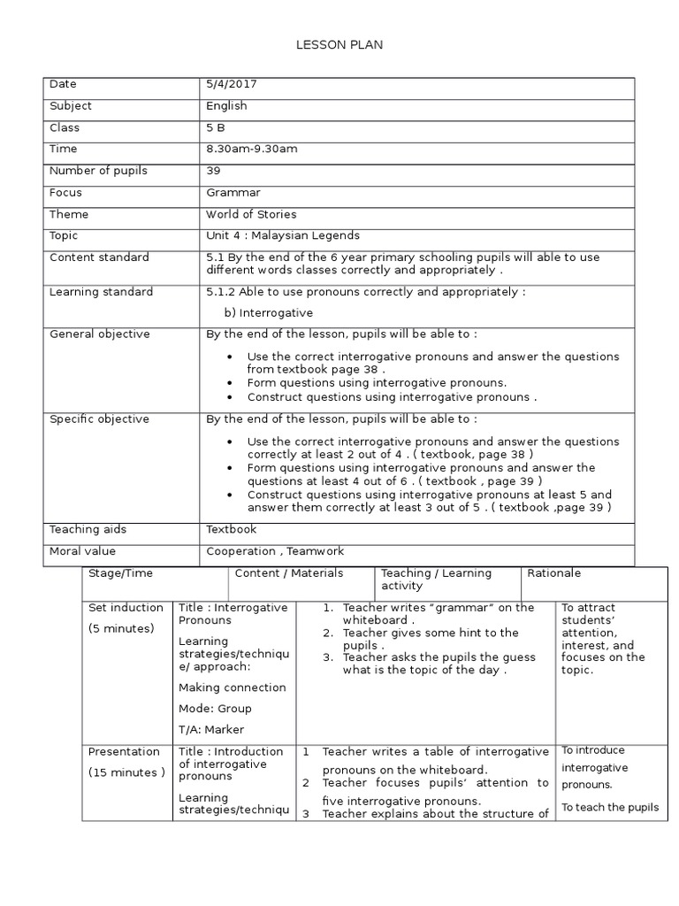 Lesson Plan: To Introduce Interrogative Pronouns. To Teach The Pupils | PDF | Lesson Plan | Textbook