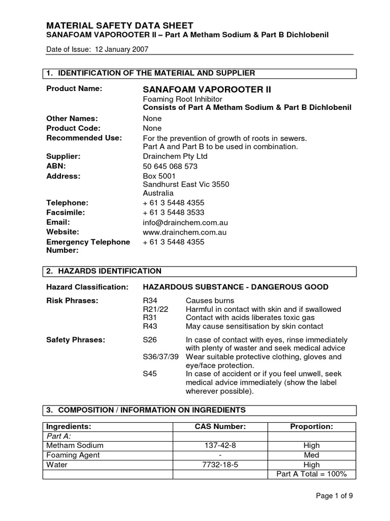 Vaporooter MSDS II PDF | PDF | Toxicity | Dangerous Goods