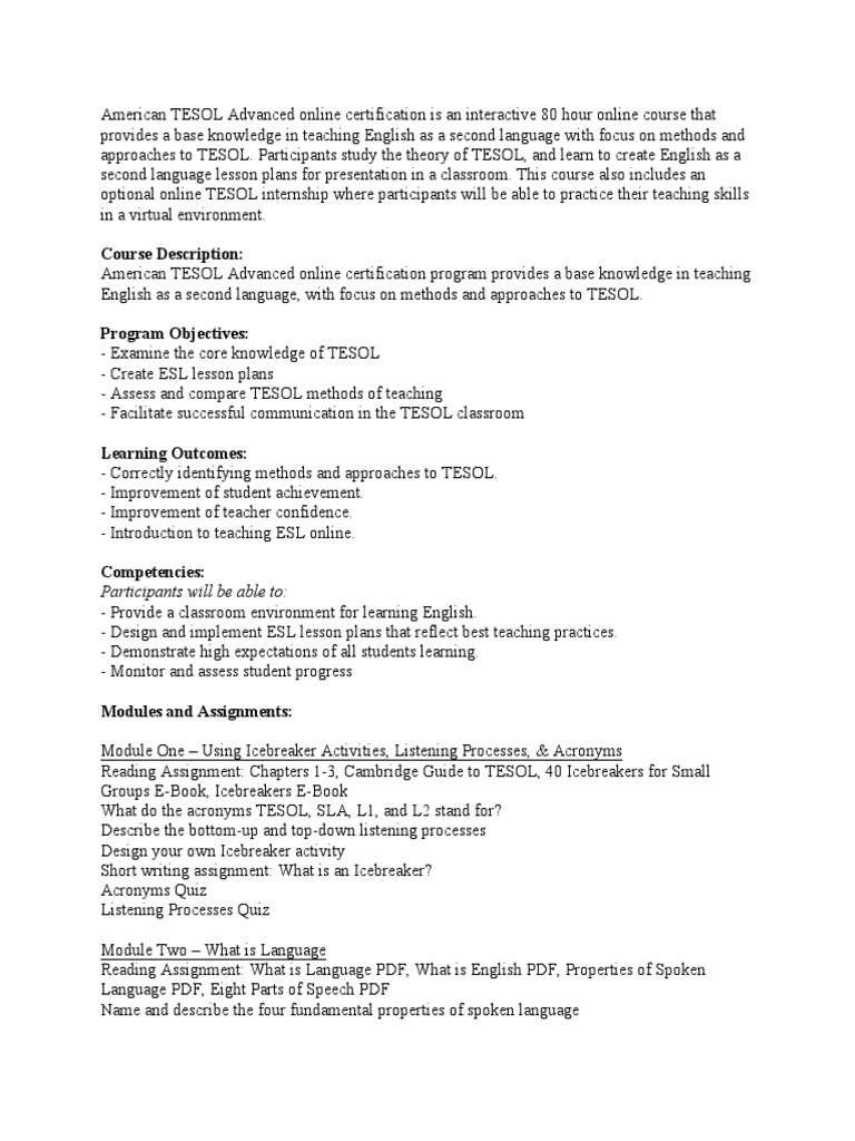 American TESOL Advanced Syllabus | PDF | English As A Second Or Foreign ...