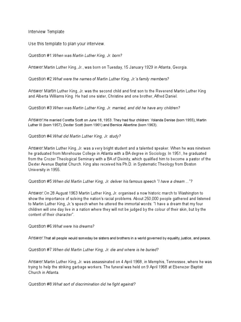 Martin Luther King Jr. Interview Guide | PDF | Martin Luther King Jr ...