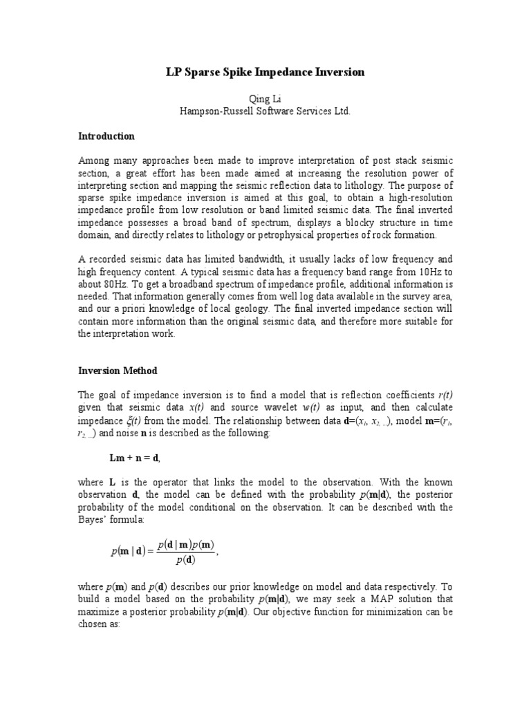 LP Sparse Spike Impedance Inversion | PDF | Reflection Seismology | Linear Programming
