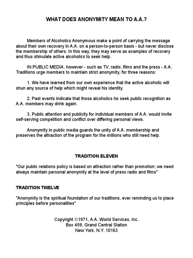 What Does Anonymity Mean To A.A.?: Tradition Eleven | PDF