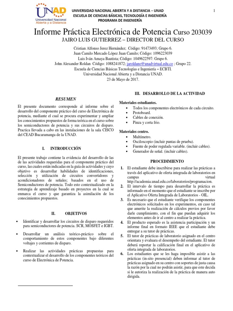 Informe Componente Practico Electronica de Potencia | PDF | Electromagnetismo | Electricidad