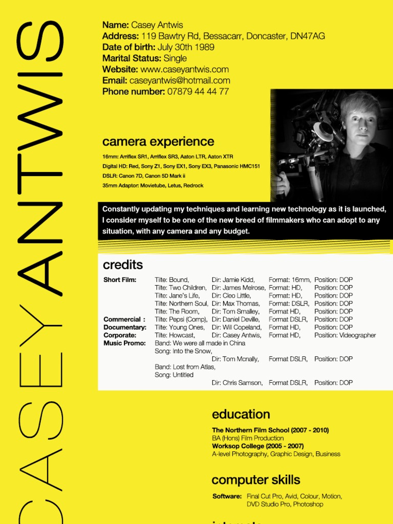 Cinematographer CV of Casey Antwis | PDF