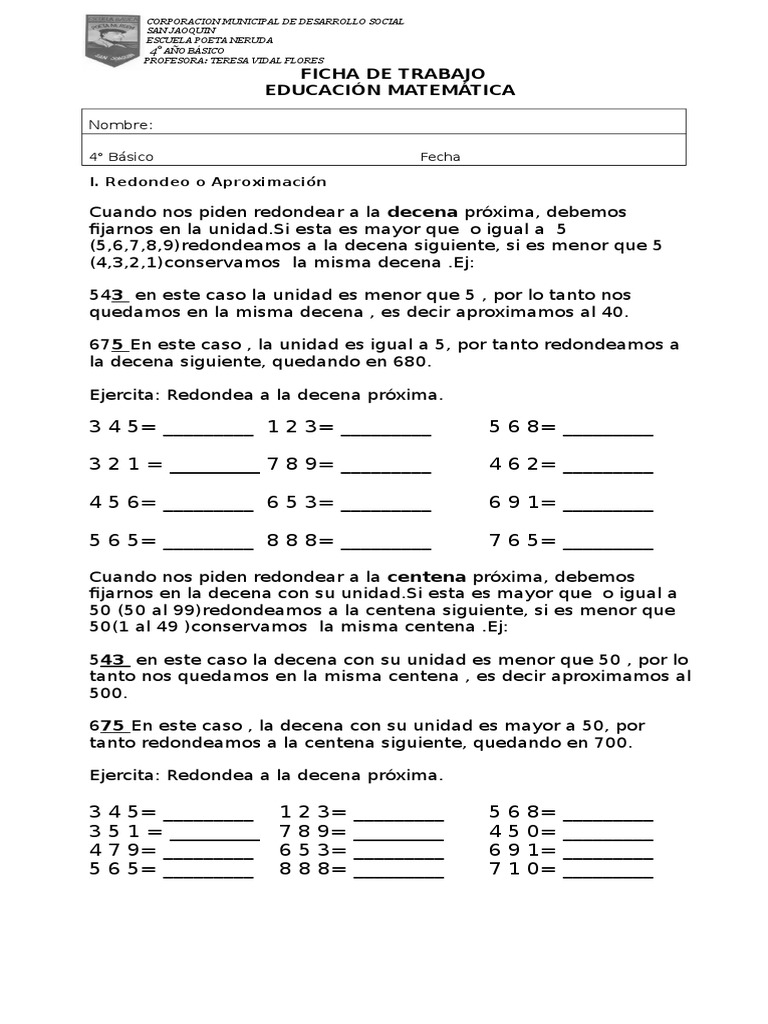 Hojas De Trabajo De Redondeo De Números