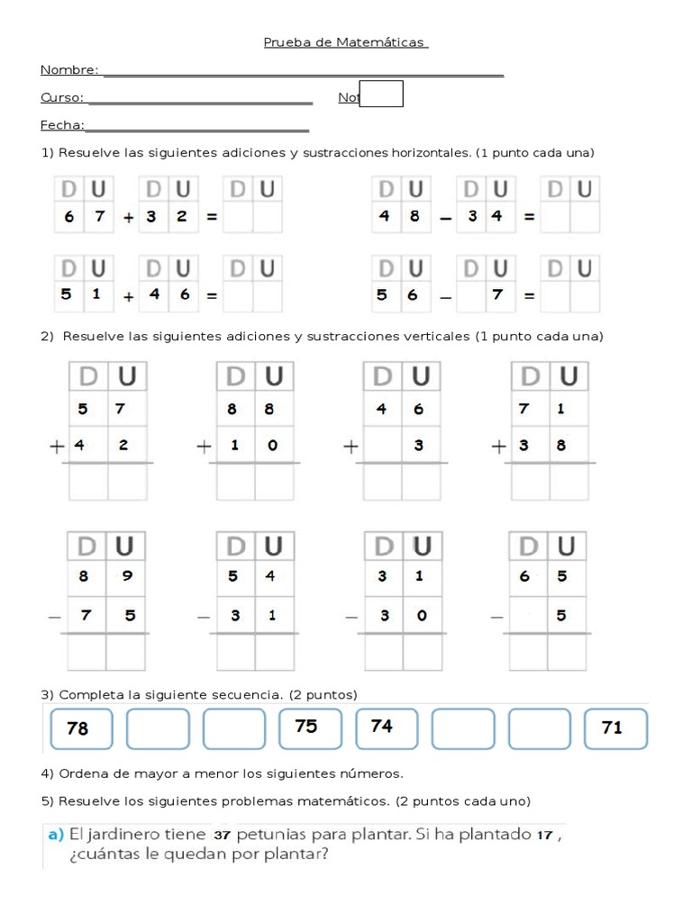Prueba de Matematicas Restas Sumas Secuenc y Problemas | PDF