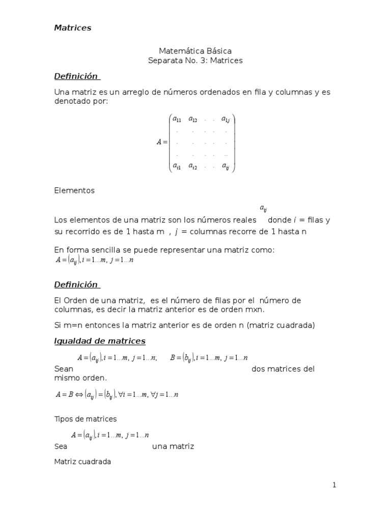 Separata No.3 Matrices Matemática Básica | PDF | Análisis funcional | Matriz (Matemáticas)