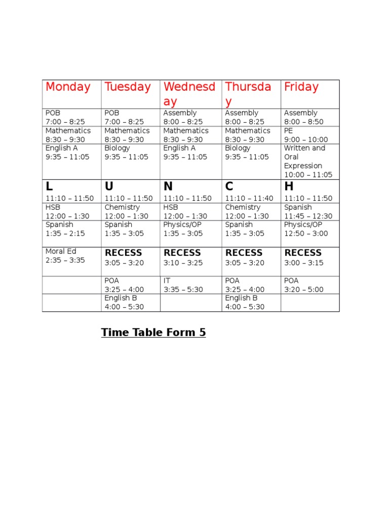 FORM 5 Time Table | PDF