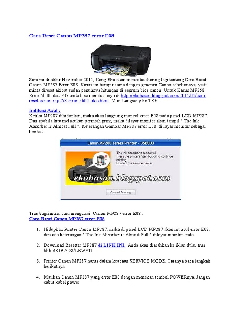 Cara Reset Canon MP287 Error E08 | PDF