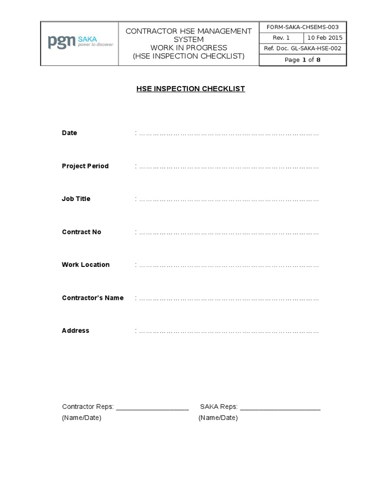 HSE Inspection Checklist for Contractors | PDF | Personal Protective ...