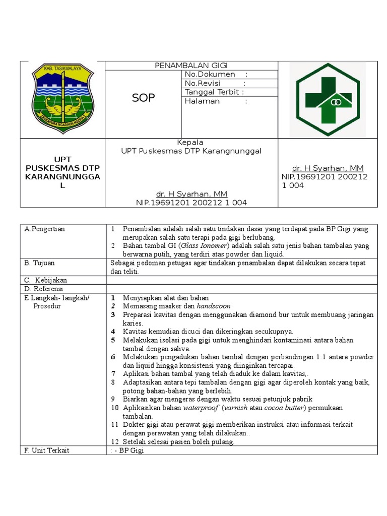 Sop Penambalan Gigi Dengan Gi | PDF