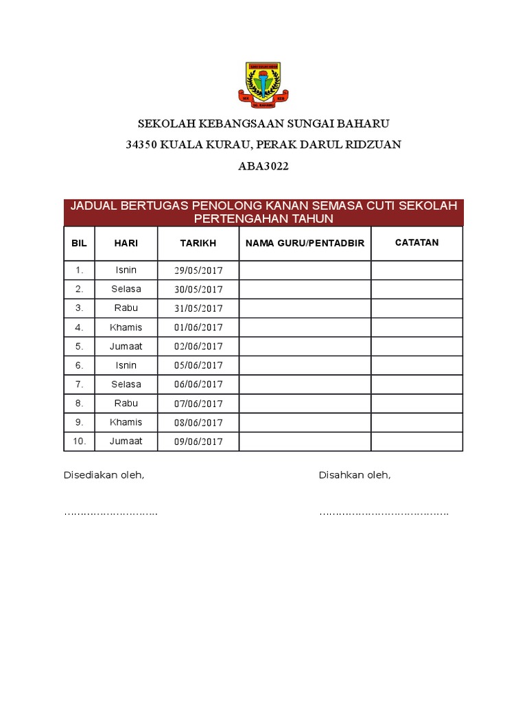 Jadual Bertugas Pentadbir | PDF