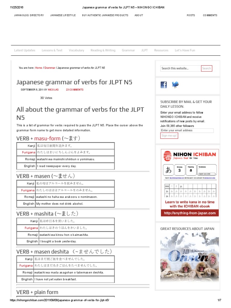 Japanese Grammar of Verbs For JLPT N5 - NIHONGO ICHIBAN | PDF ...
