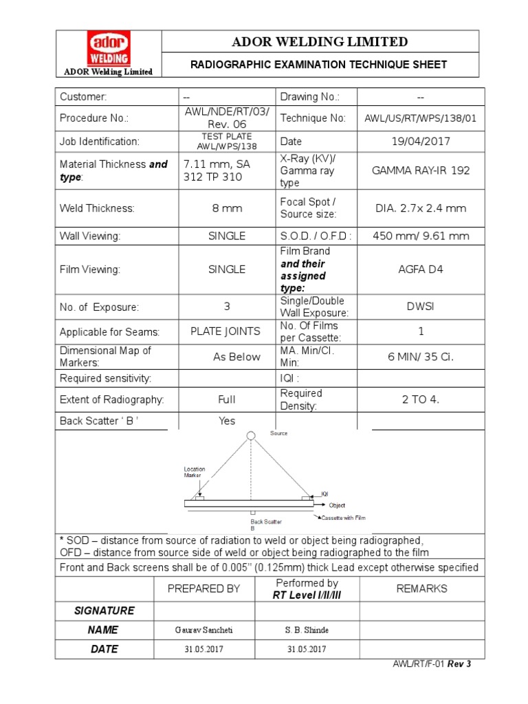RT Technique Sheet + Report Rev 4 | PDF | Radiography | Welding