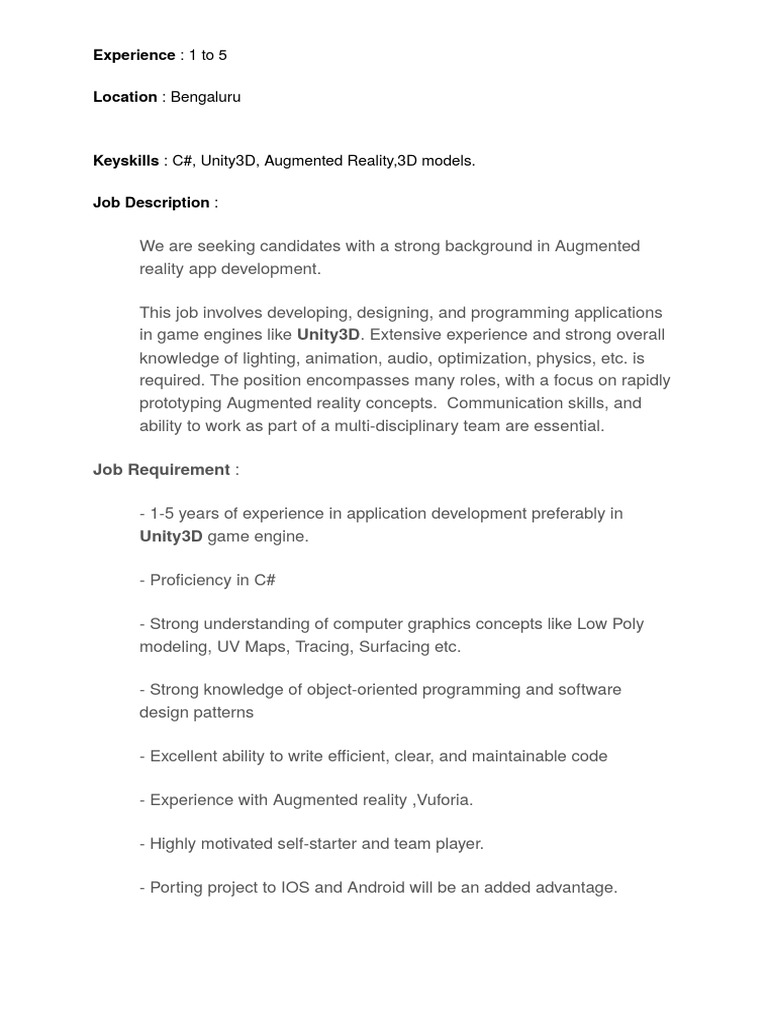 Unity Job Description | PDF