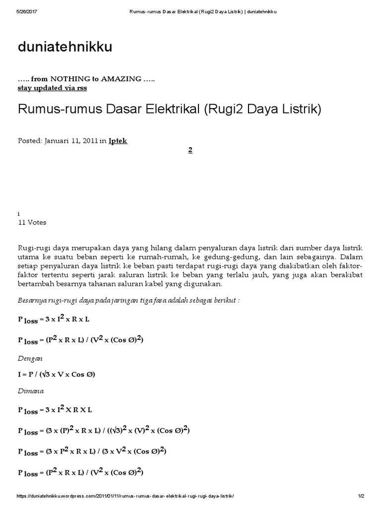 Rumus-Rumus Dasar Elektrikal (Rugi2 Daya Listrik) - Duniatehnikku | PDF