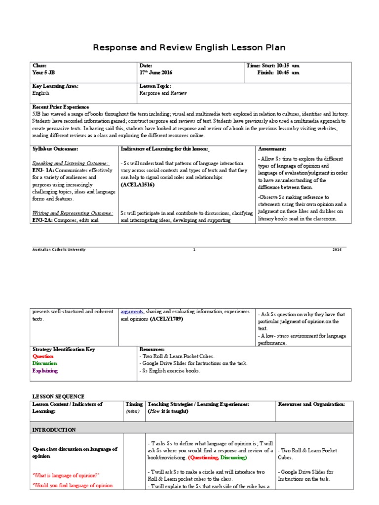 Response and Review English Lesson Plan | PDF | Lesson Plan | English ...