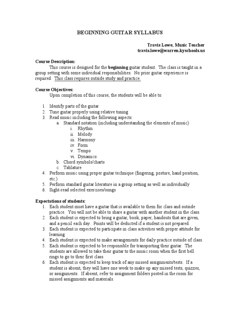 Beginning Guitar Syllabus | PDF | Homework | Guitars