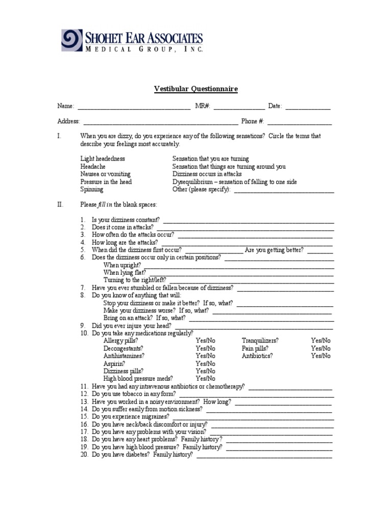 Vestibular Questionnaire: Fill in The Blank Spaces | Download Free PDF ...