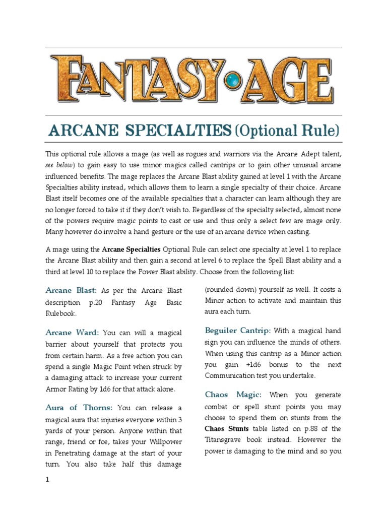 Arcane Specialities Rules Option v1 | PDF | Fantasy | Leisure