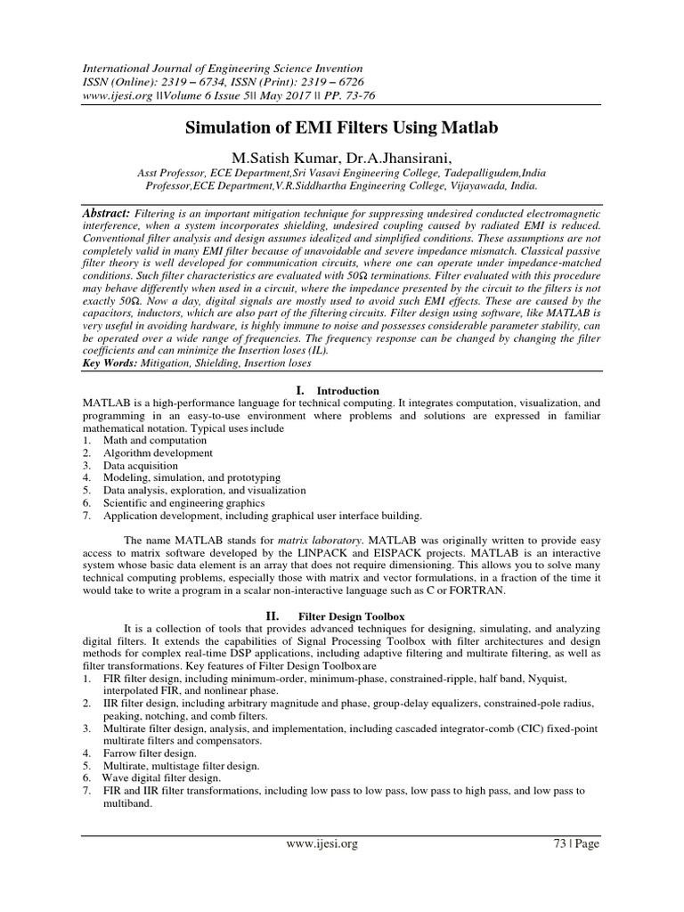 Simulation of EMI Filters Using Matlab | PDF | Electromagnetic ...
