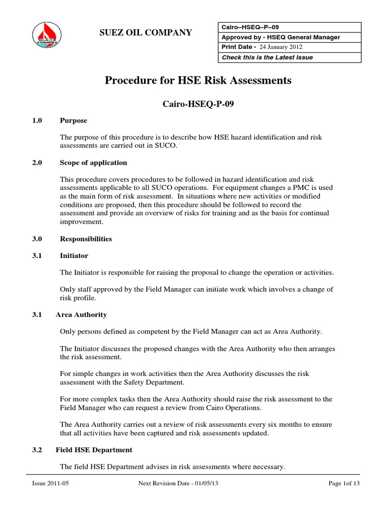 Procedure For HSE Risk Assessments: Suez Oil Company | PDF | Risk ...