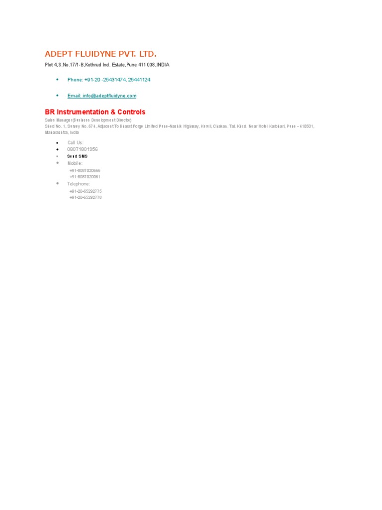 Contact Information for Adept Fluidyne | PDF