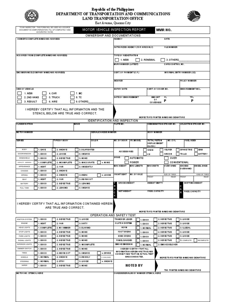Philippine Forms - Motor Vehicle Inspection Report | Car Body Styles ...