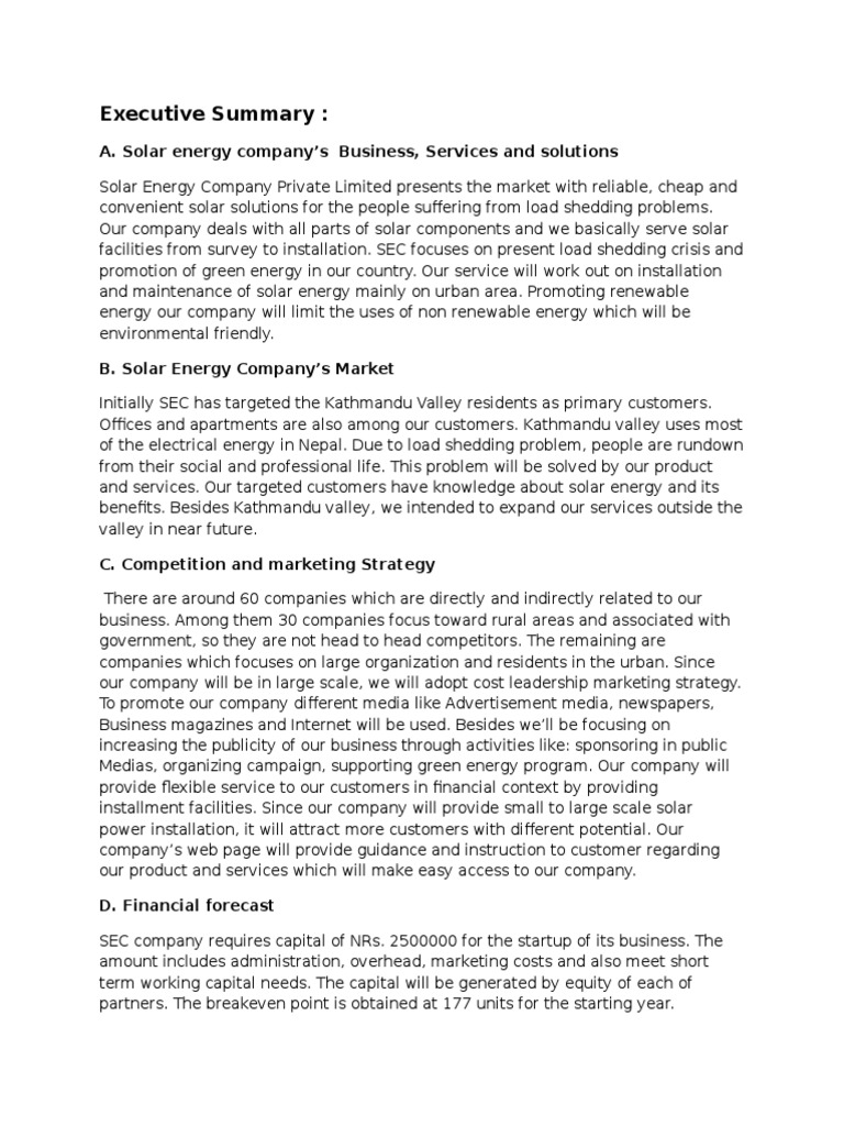 Executive Summary:: A. Solar Energy Company's Business, Services and ...