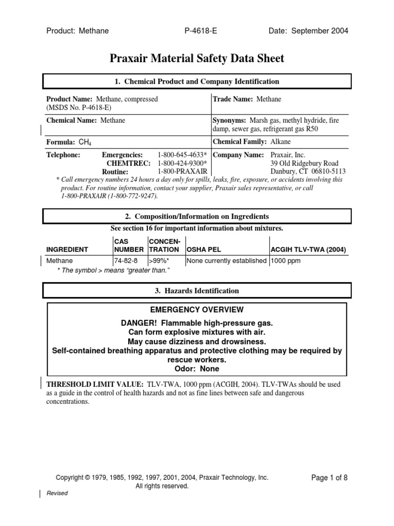 Praxair Material Safety Data Sheet: Product: Methane P-4618-E Date ...